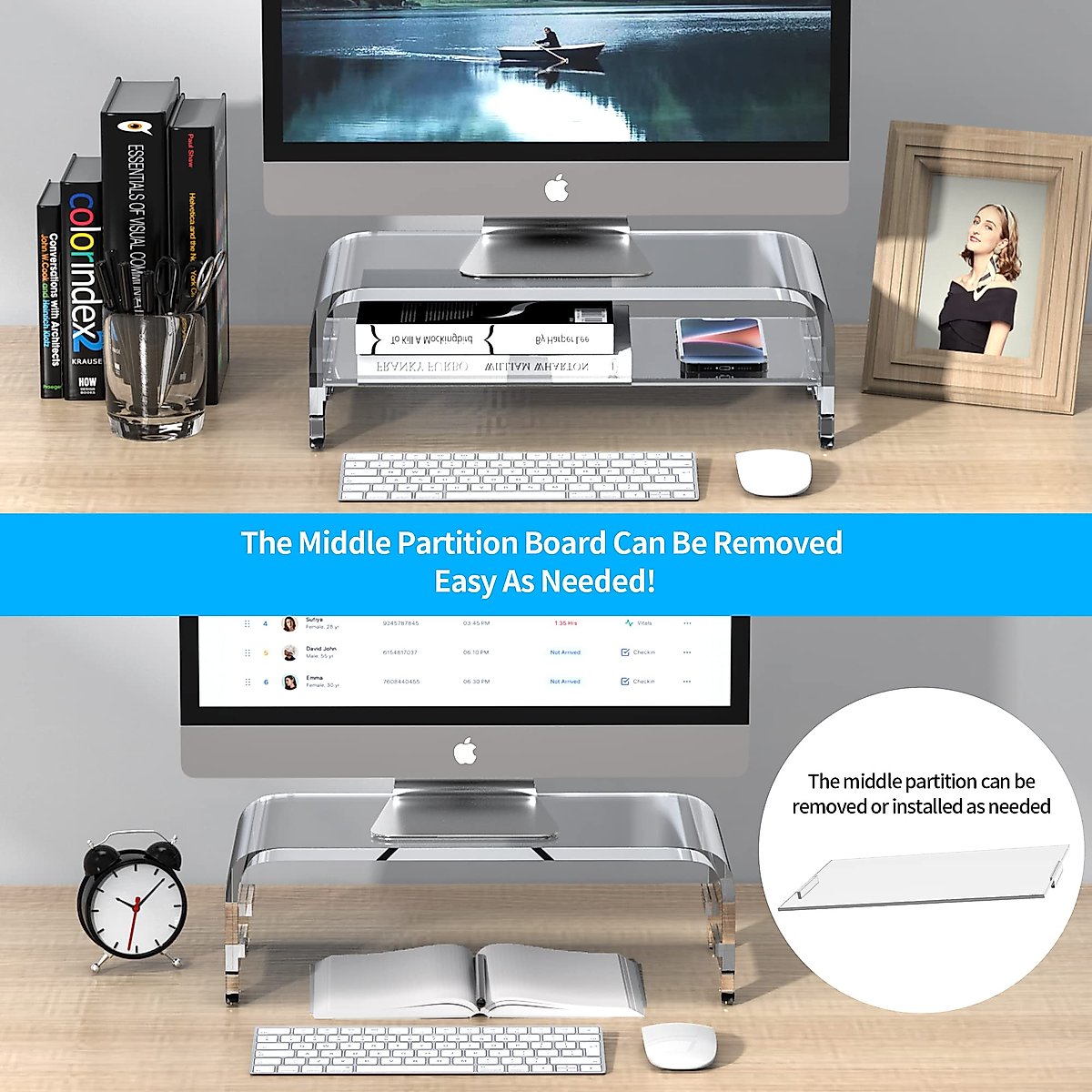 Beimu Acrylic Monitor Stand Riser 16Lx8.5Wx5H Inch 2-Tiers Acrylic Laptop Stand Riser for Desk with Anti Slip Mat Clear Monitor Stand with Storage for iMac MacBook and Any Size Computer Monitor
