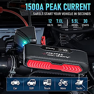 Jump Starter Pericat, 1500A Car Battery Jump Starter (7.0L Gas/5.5L Diesel), 12V Portable Car Jump Starter with LCD Display, Quick Charger Smart Jump Cables and LED Flashlight