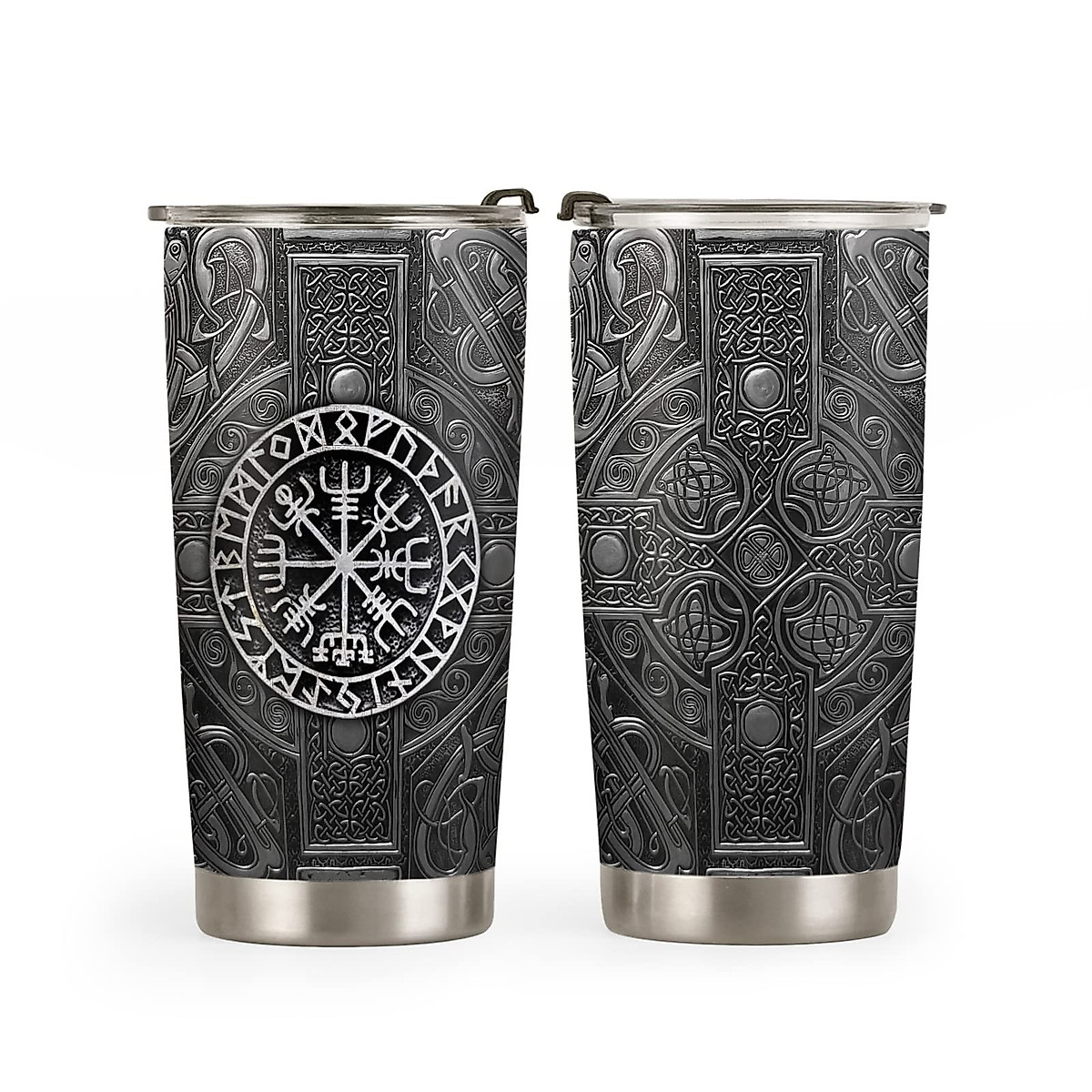20oz Viking Gifts for Men, Norse Mythology Gifts, Valentines Day Gifts for Him, Birthday, Inspirational Gifts, Vegvisir Viking Symbol Tumbler Cup, Insulated Travel Coffee Mug with Lid
