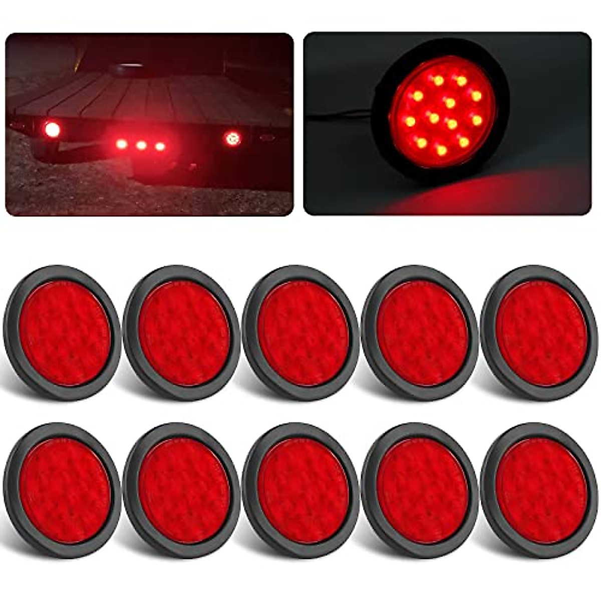 10Pcs 4 Inch Round Led Trailer Tail Lights Red 12 LED Waterproof 4" Round LED Stop Turn Tail Brake Light Marker Trailer Truck RV Lights Sealed Grommet Flush Mount w/3 Prong Wire Pigtails