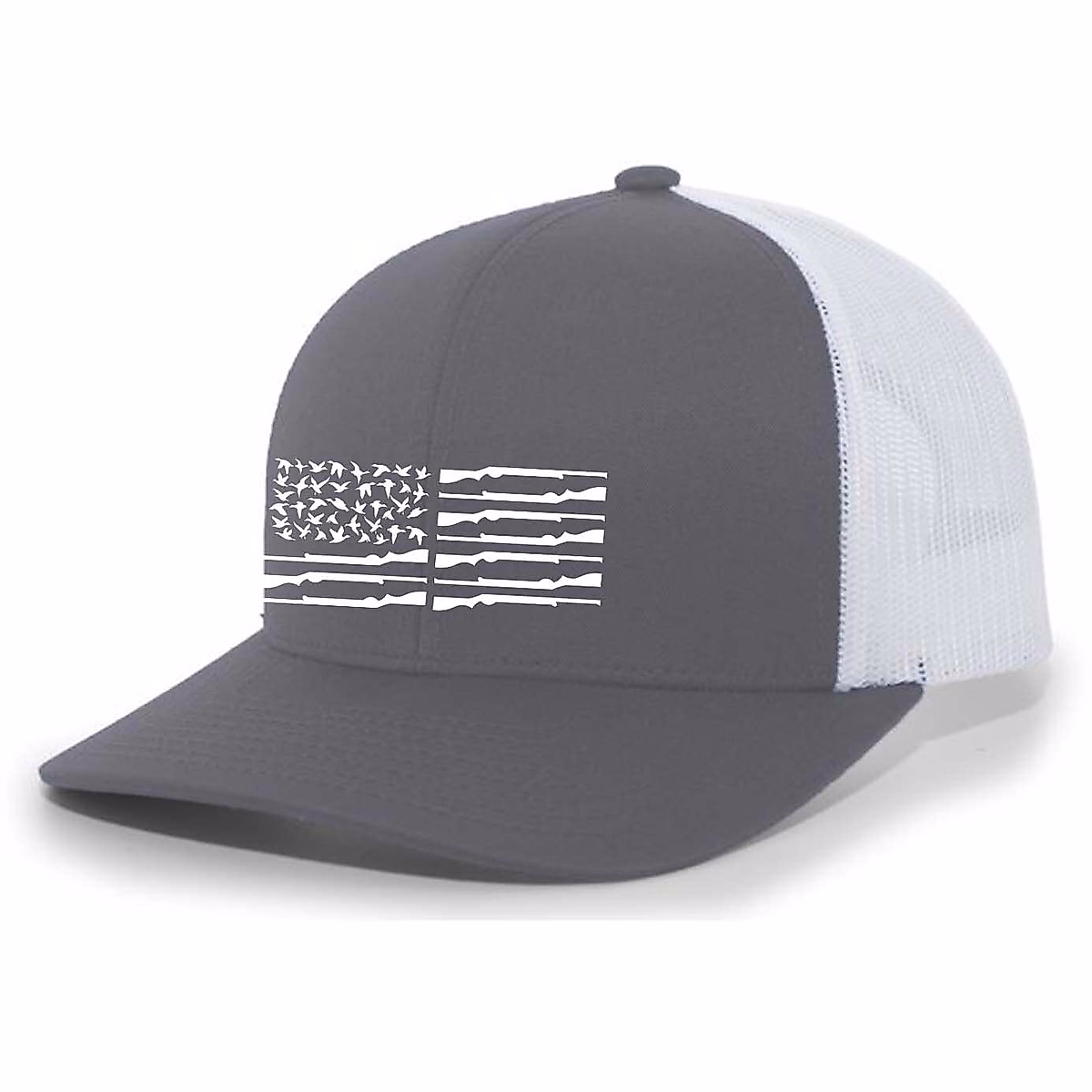 Droppin Drake White American Duck Flag Snapback Hat- Charcoal/White Mesh/Black Flag, Charcoal/White/White Mesh
