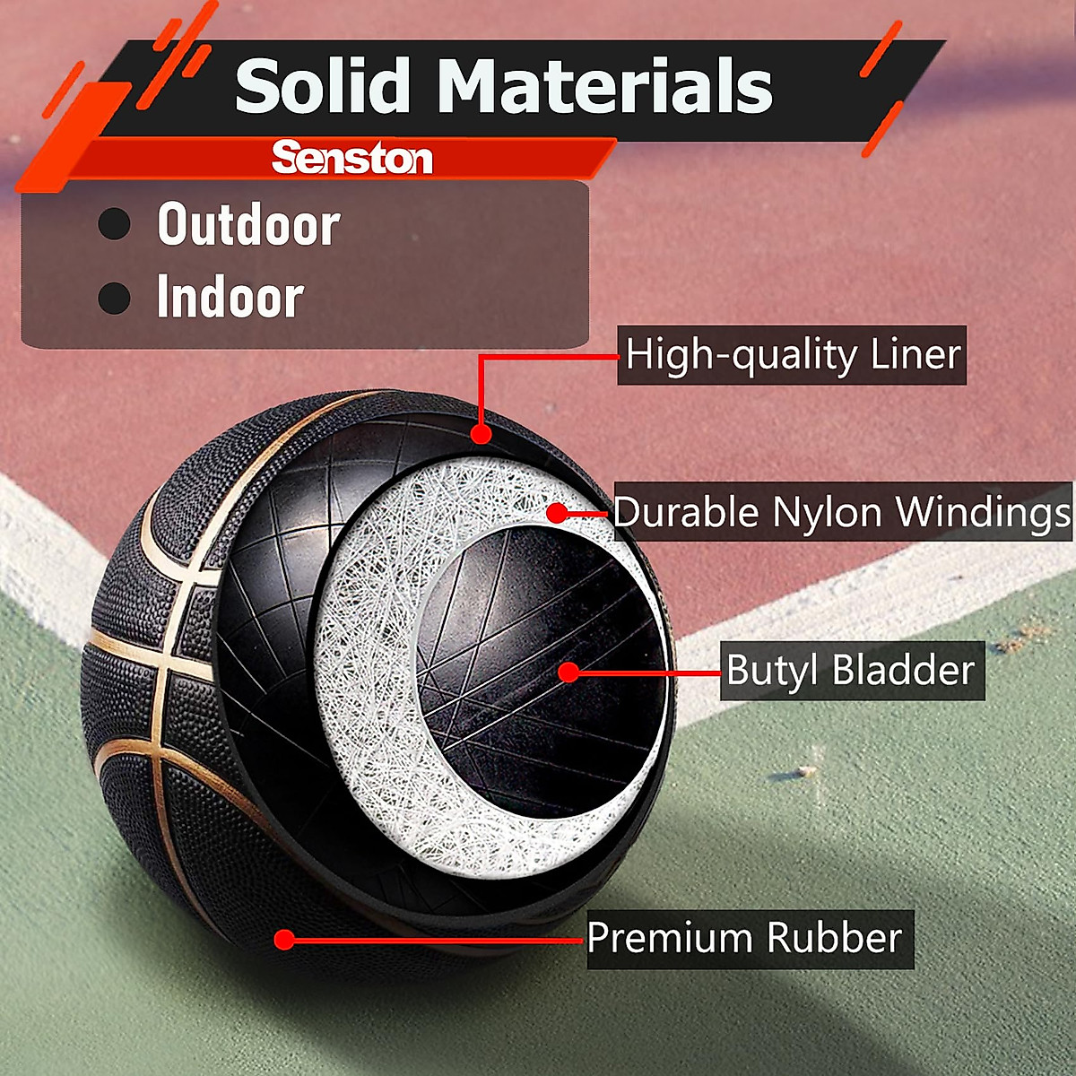 Senston 29.5'' Basketball Outdoor Indoor Rubber Basketball Ball Official Size 7 Street Basketball with Pump Black/Gold