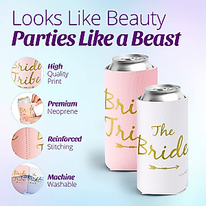 Bride Tribe Bachelorette Party Premium Skinny Can Sleeves - Insulated Neoprene Drink Holders, Fit Slim Spiked Hard Seltzer Beer Cans for Decorations, Supplies, Favors (Pink)