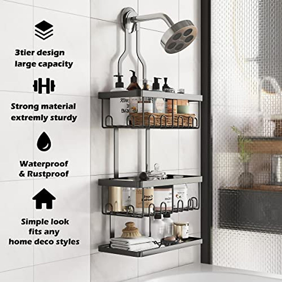 COVAODQ Shower Caddy Over Shower Head,Hanging Shower Caddy Over Head Shower Caddy Bathroom Organizer with Hooks for Towels, Sponge Rustproof & Waterproof