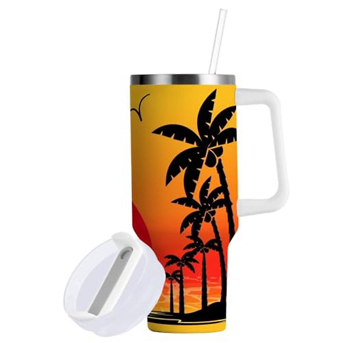DIGTIA Stainless Steel Insulated Tumbler w/Handle & Straw, Sunset Trees Double Wall Vacuum Travel Coffee Mug Cup w/Lid, Leak-Proof Sports Seabirds Water Bottle,40oz