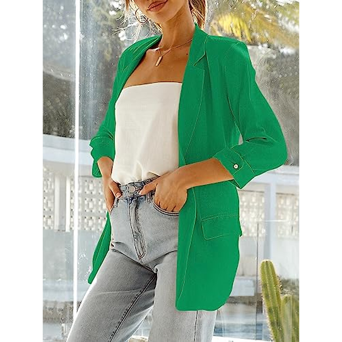 ANRABESS Womens 2023 Spring Summer Casual Open Front Long Sleeve Lightweight Work Office Jackets Blazer Suit 559lvse-L Green