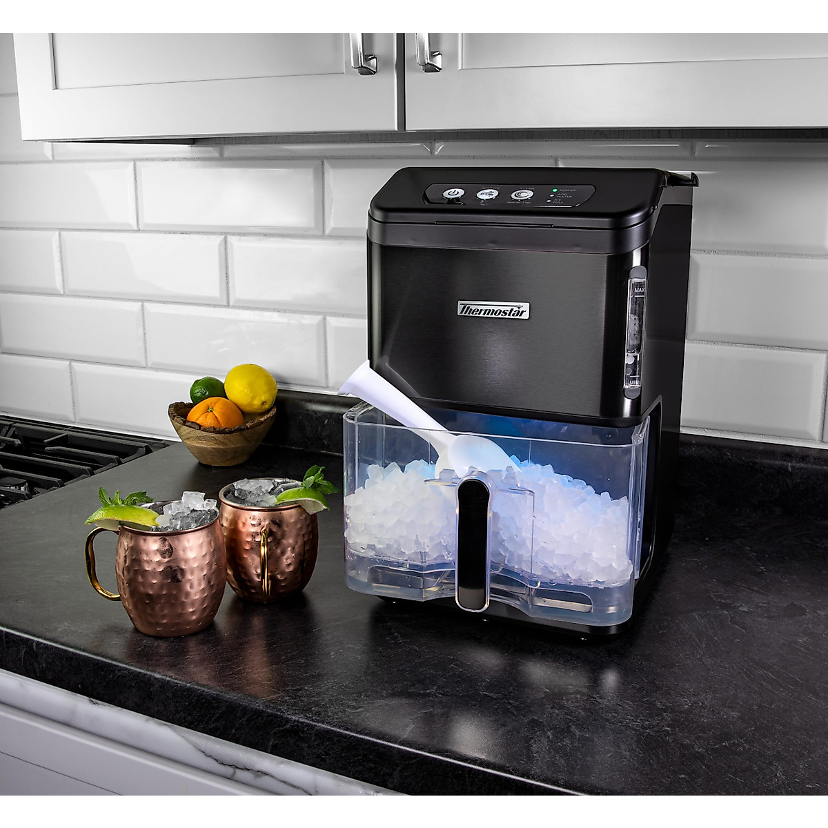 Igloo Thermostar 40-Pound Nugget Ice Maker with Auto-Clean and LED Panel, Ice Scoop, Black Stainless