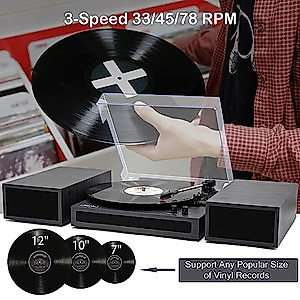 LP&No.1 Vinyl Record Player with Stereo Bookshelf Speakers, Vintage Wood Finish, 3-Speed Belt ...