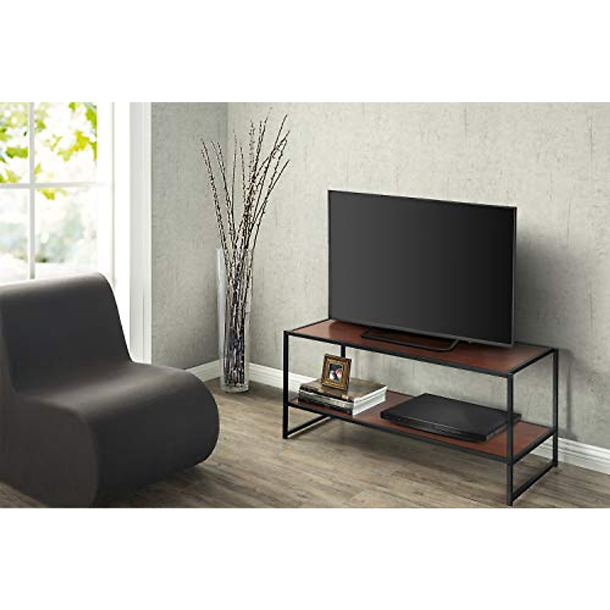 ZINUS Garrison 40 Inch Black Metal Frame Media Stand / TV Stand with Shelf / Easy Assembly, Red mahogany wood grain