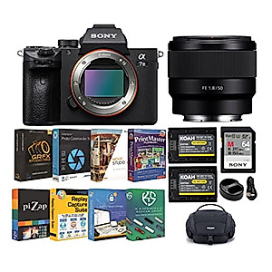 Sony Alpha a7 III Mirrorless Digital Camera Bundle with FE 50mm f/1.8 Lens, Photo Software Suite, 64GB SD Memory Card, Rechargeable Battery (2-Pack) and Charger, Camera Bag (6 Items)
