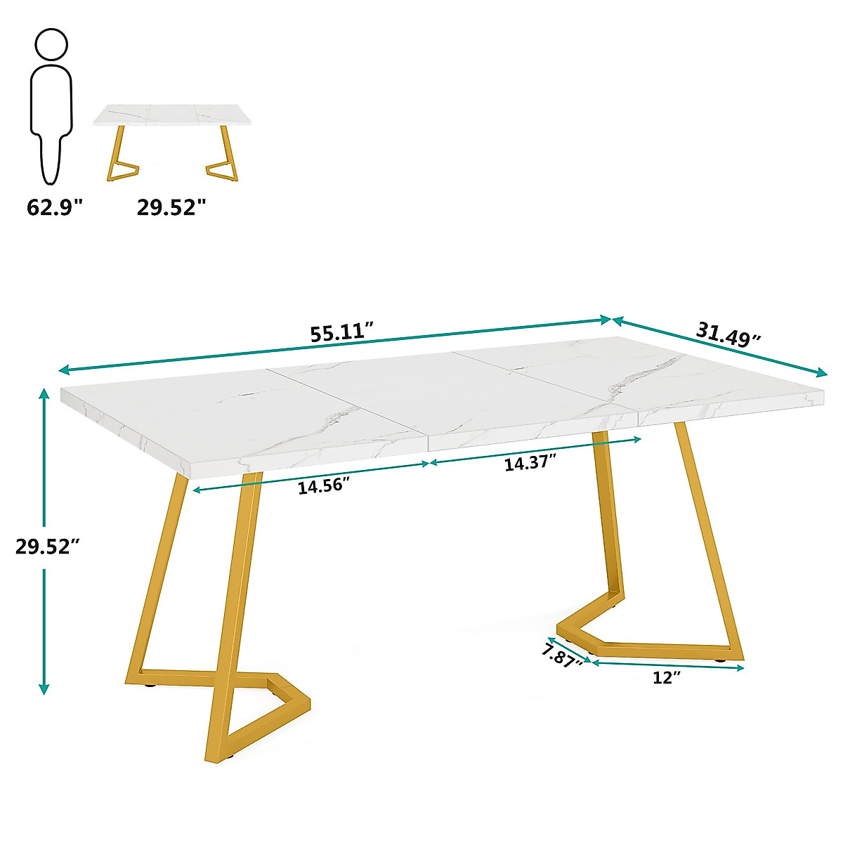Tribesigns Modern Gold Computer Desk: 55 Inches White and Gold Home Office Desk with Metal Legs, Faux Marble Study Writing Table for Small Spaces, Simple Desk for Bedroom