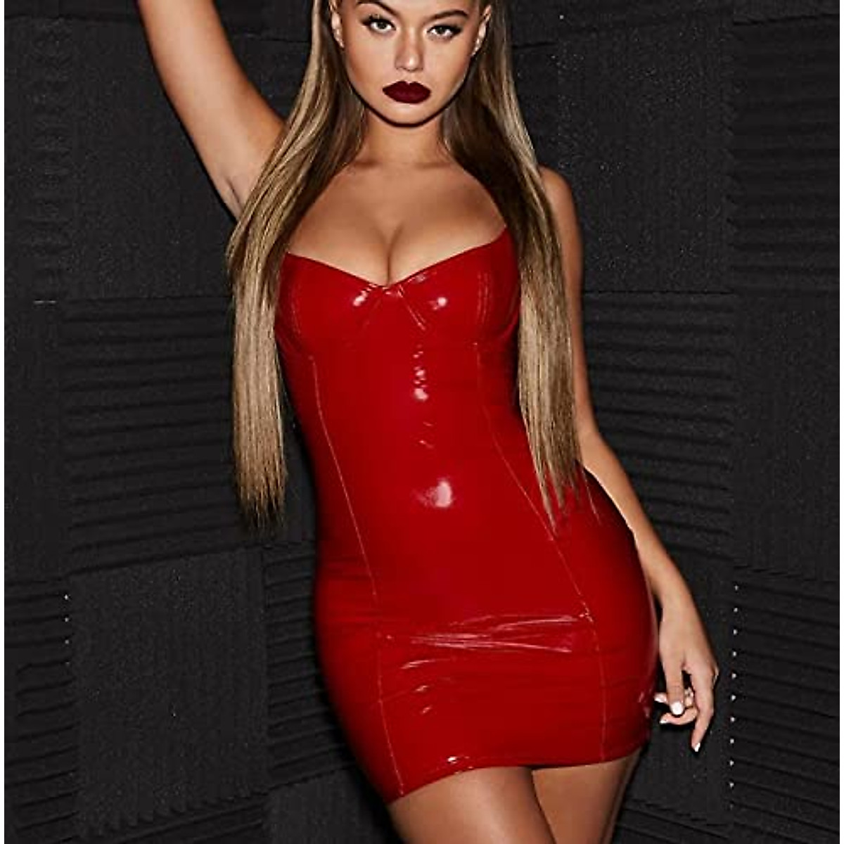 Srieox Womens Latex Mini Dress Faux Leather Bodycon Sexy Club Dresses for Women Xx-Large
