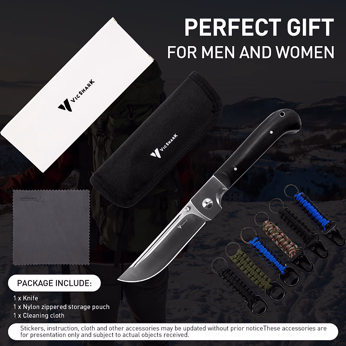 VicShark Pocket Knife, Hunting knives knives for men D2 Steel Blade Ebony Handle EDC Knife with Pocket Sharp Camping Survival Hiking Knives With Keychain
