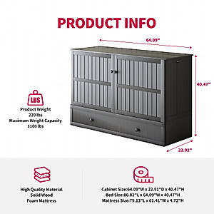 MUZZ Murphy Bed, Queen Size Cabinet Bed with Folding Foam Mattress, Foldable Space-Saving Cube Murphy Bed with Charging Station and Large Storage Drawer (Grey)