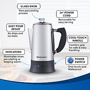 Elite Gourmet EC922 Electric Coffee Percolator, Keep Warm, Glass Clear Brew Progress Knob, Cool-Touch Handle, Cordless Serve, 12-Cup, Stainless Steel