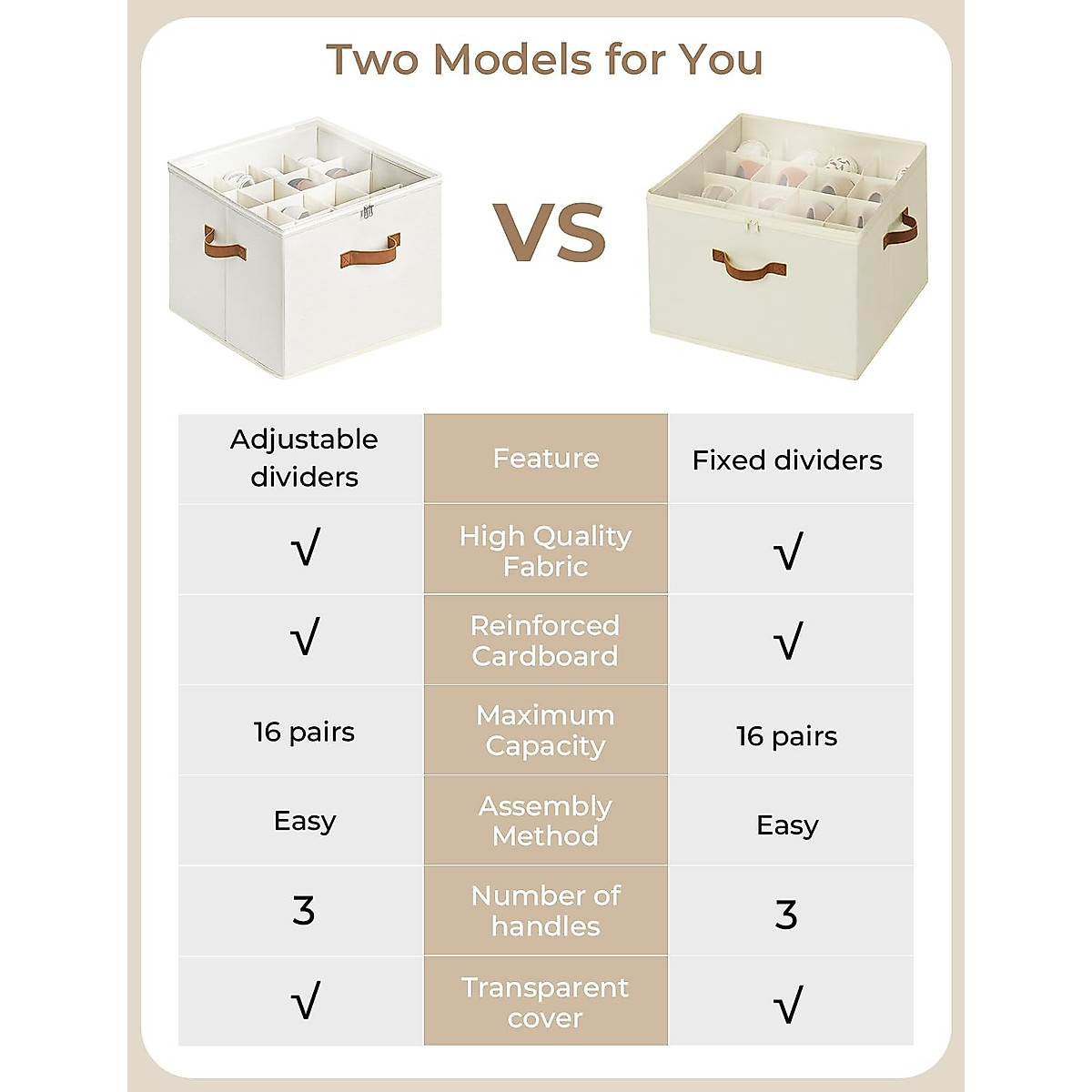 StorageWorks Shoe Organizer for Closet, Fabric Shoe Storage Bins with Clear Cover, Adjustable Dividers for Shoe Storage, Beige, 1-Pack, Shoe Cube Organizer Fits up to 16 Pairs