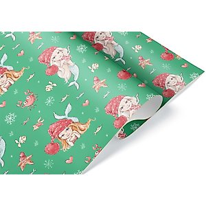 Christmas Mermaid Luxury Gift Wrap, Xmas Thick Wrapping Paper, Sea Theme Santa Princess Christmas Birthday Party Decor (6 foot x 30 inch roll)