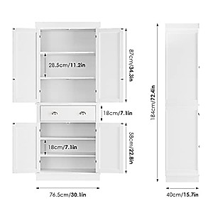 FOTOSOK 72" Utility Pantry Storage Cabinets for Kitchen, Dining Room, Living Room, White , Freestanding Cupboard with 4 Doors, Drawer, 4 Shelves