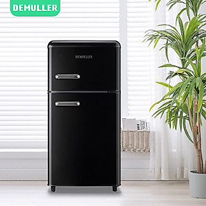 DEMULLER 3.5 Cu.ft Black Mini Fridge 2 Door Compact Refrigerator with Freezer, Small Refrigerator with 7 Adjustable Temperature Control, 2 Removable Glass Shelves and 1 Crisper Drawer