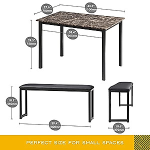 HOMOOI 3 Pieces Dining Room Table Set, Padded Bench Top and Metal Frame, Suitable for Kitchen, Living Room, Studio Apartment, Faux Marble