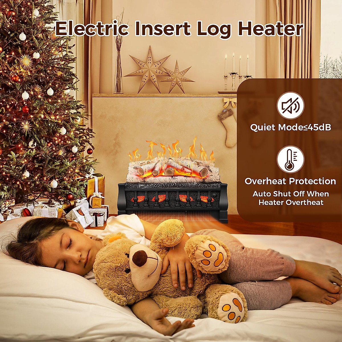 Joy Pebble Electric Fireplace Insert Log Heater 21", 750W/1500W Adjustable 5 Flame Brightness&Speed, Fireplace Insert with Realistic Ember Bed&Whitish Gray Log, Overheat Protection&Remote Control