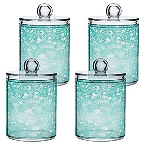 Turquoise Aqua Glitter Qtip Holder Dispenser Teal Cyan Water Bathroom Canister Storage Organization 4 Pack Clear Plastic Apothecary Jars with Lids Vanity Makeup Organizer For Cotton Ball Swab Floss