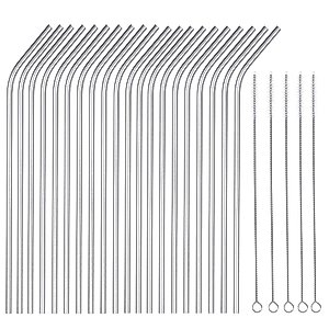 OKGD 25 Piece Set Stainless Steel Straws Long 8.5 Inch Drinking Metal Straws Reusable Drinking Straws for 20 OZ (20 Bent|5 Brushes)