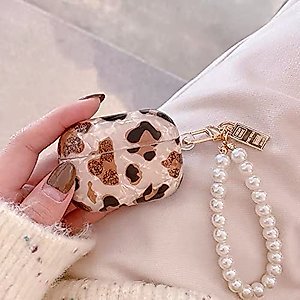 SAMTANY Airpods Pro 2019 Case Cover with Pearl Keychain Airpods Accessories Skin Cover for Women Girl Earbuds Case Protective Cover for Apple Airpods Pro Charging Case (Leopard)