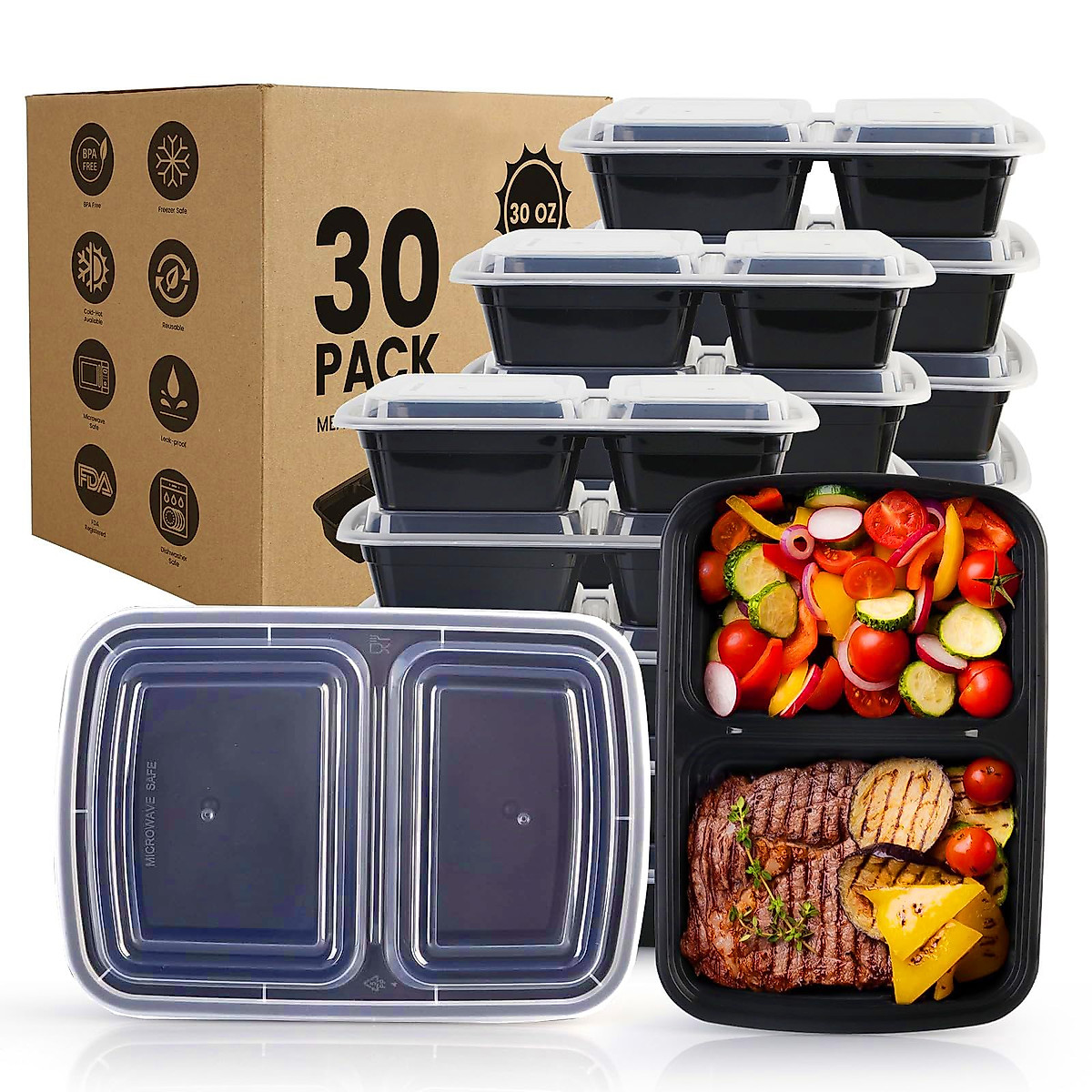 vivigu Meal Prep Containers Reusable 30 Pack - 2 Compartment food storage containers with lids, To Go Food Containers BPA-Free, To Go Containers With Lids Microwave, Dishwasher, Freezer Safe 30 oz