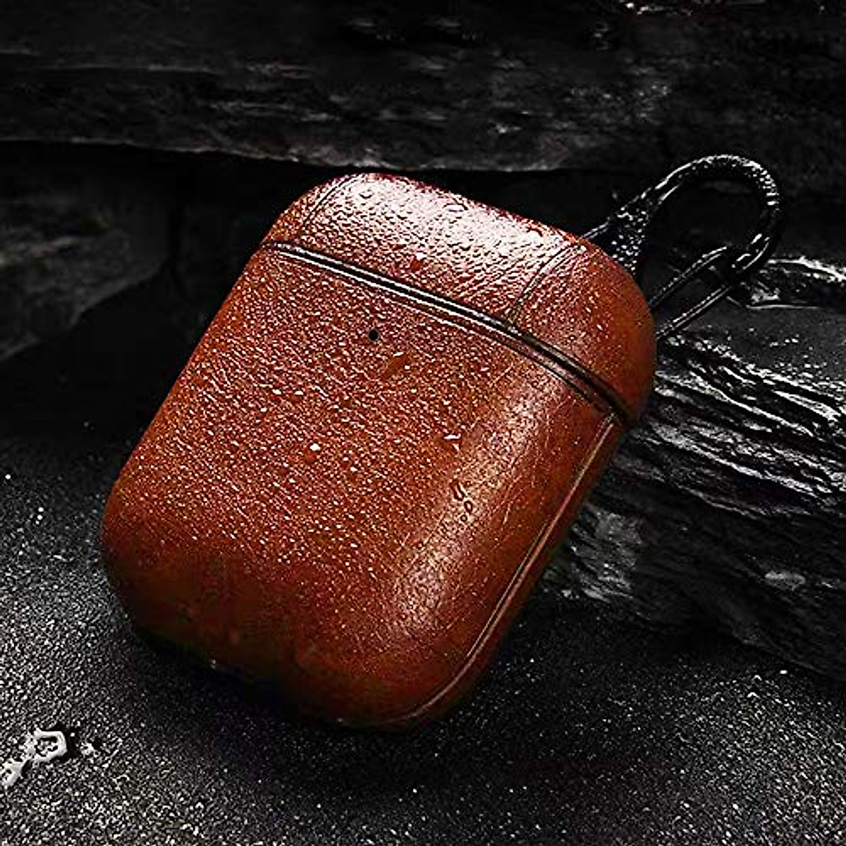 CoreLife Leather AirPods Case Cover with Keychain Clip, Protective Hard Vegan Leather Cover for Apple AirPods 1 & 2 Charging Case (Red)