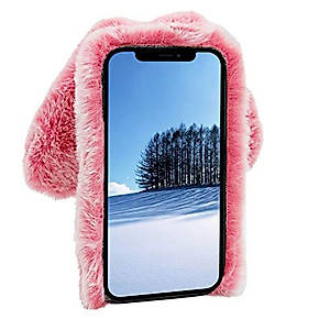 Rabbit Case for Samsung Galaxy S21 Plus 5G,MOIKY Plush Crossbody Cute Fluffy Bunny Ears Hair Ball Warm Soft TPU Case for Women Bling Rhinestone Shockproof Silicone Bumper Protection Cover,Dark Pink