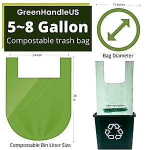 Green Handle US BPI certified 8 Gallon Extra Thick Compostable Trash Bag Liners with Handles (1.00 Mil = 25 mic) California SB 1383 ASTM D6400 Europe OK Home & Seedling (5~8 Gallon | 20~30 Liter)