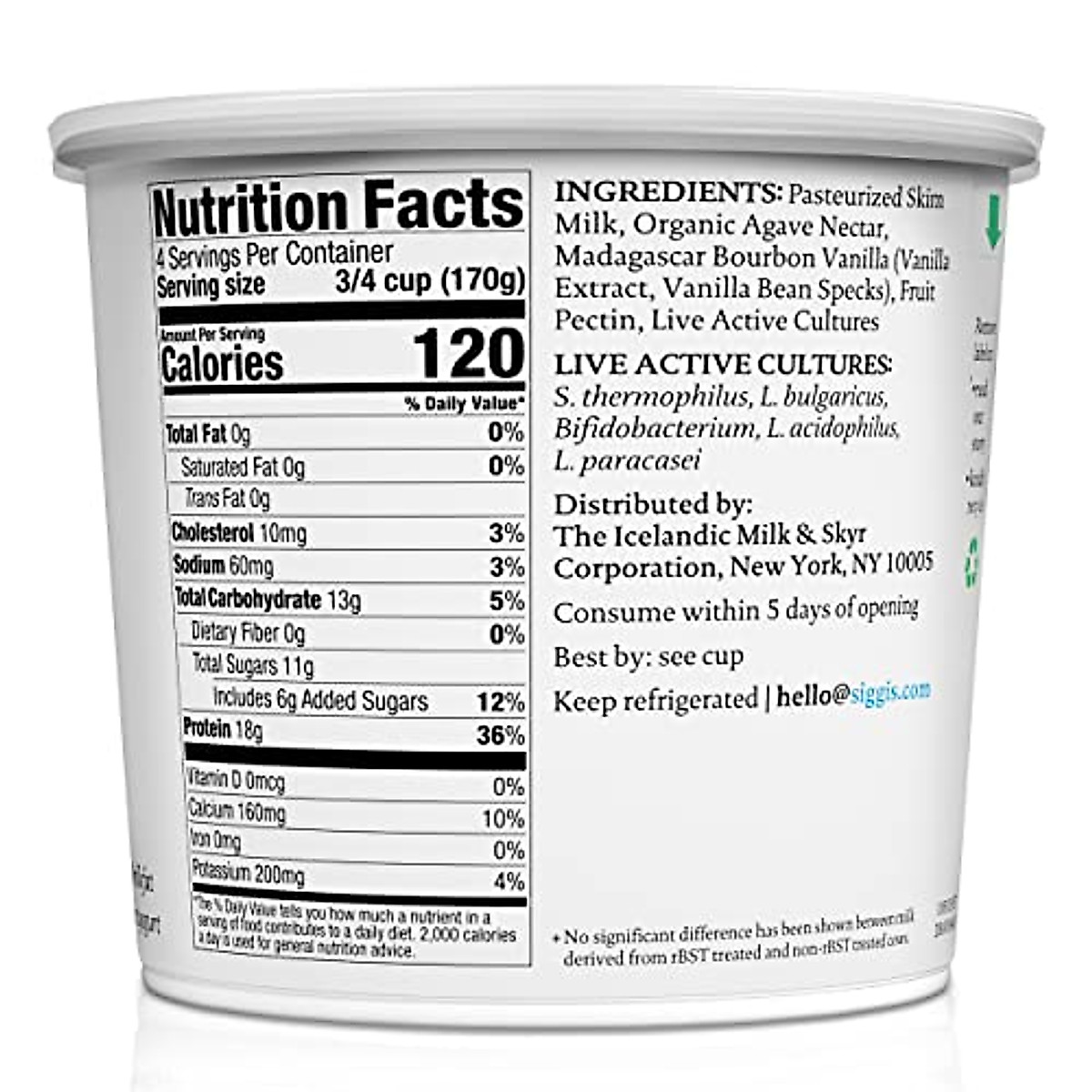 siggi’s® Icelandic Strained Nonfat Yogurt, Vanilla, 24 oz. – Thick, Protein-Rich Yogurt Snack