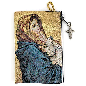 Catholic Rosary Pouch, Saint Joseph and Baby Jesus & Madonna and Child, 4" x 6" Jewelry & Coin Purse with Cross, Small Woven Tapestry Icon Bag, Bolsa de Rosario Católico para Joyería
