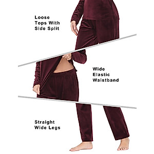 COZZIPLUS Women Velour Lounge Set 2 Piece Velvet Pajama Set Sweatsuit Crew Neck Sweatshirt and Elastic Waist Sweatpant(Burgundy,M)