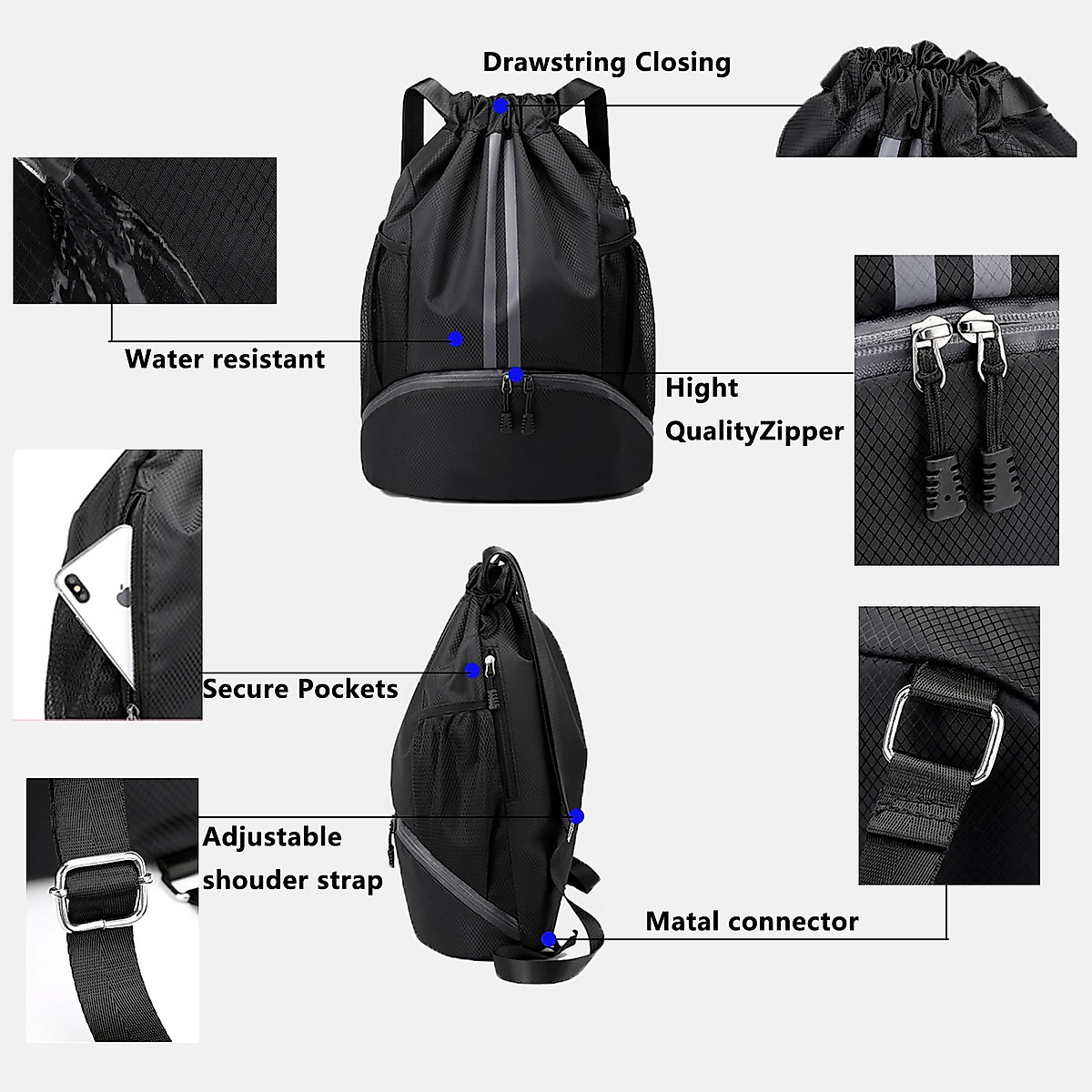 BRILISLE Drawstring Backpack Water-Resistant Sports Gym Bag for Women & Men with Shoes Compartment and Wet-Proof Pocket blkblu