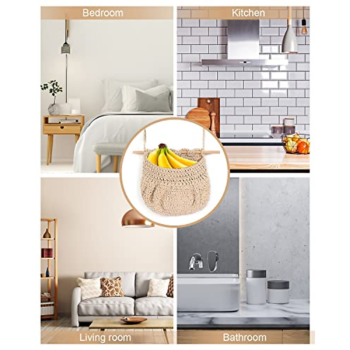 MOVNO Hanging Fruit Basket, Handmade Macrame Hanging Basket, Decorative Macrame Fruit Basket Hanging, Space Saving Boho Fruit Basket, Perfect for Kitchen/Room/Living Room Organization Storage