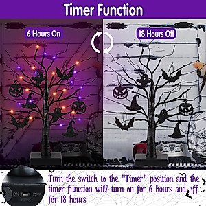 2 Pack 24 Inch Black Halloween Tree with 24 LED Orange Purple Lights, Timer/USB/Battery Operated Light Up Halloween Table Decorations, Spooky Halloween Decorations Indoor Home Mantle Room Party Decor