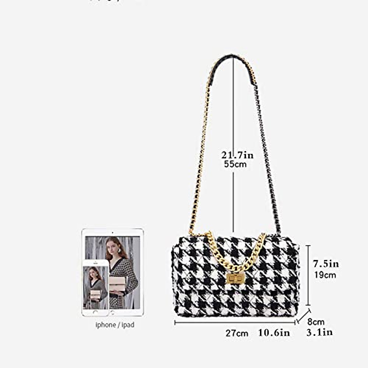 AyTotoro Women Houndstooth Purse and Handbag Ladies Fashion Shoulder Bag PU Leather Woolen Cloth Crossbody Bag Satchel (Black)