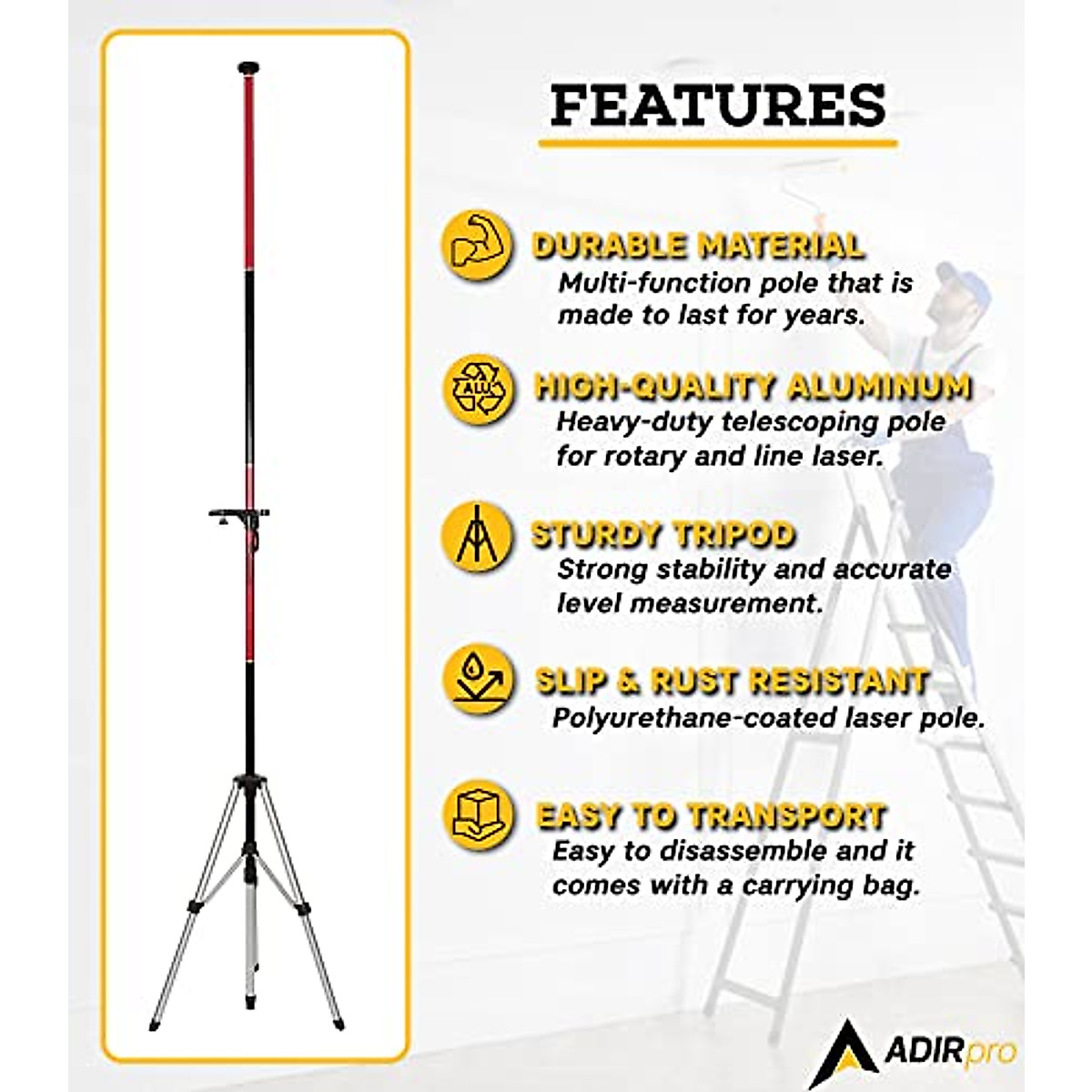 AdirPro Laser Level Pole with Tripod and Mount for Laser Levels, Rotary Lasers & Line Lasers – Telescoping Laser Pole, Mounting Bracket with 1/4”-20 & 5/8-11 Threads, and Adjustable Tripod Stand