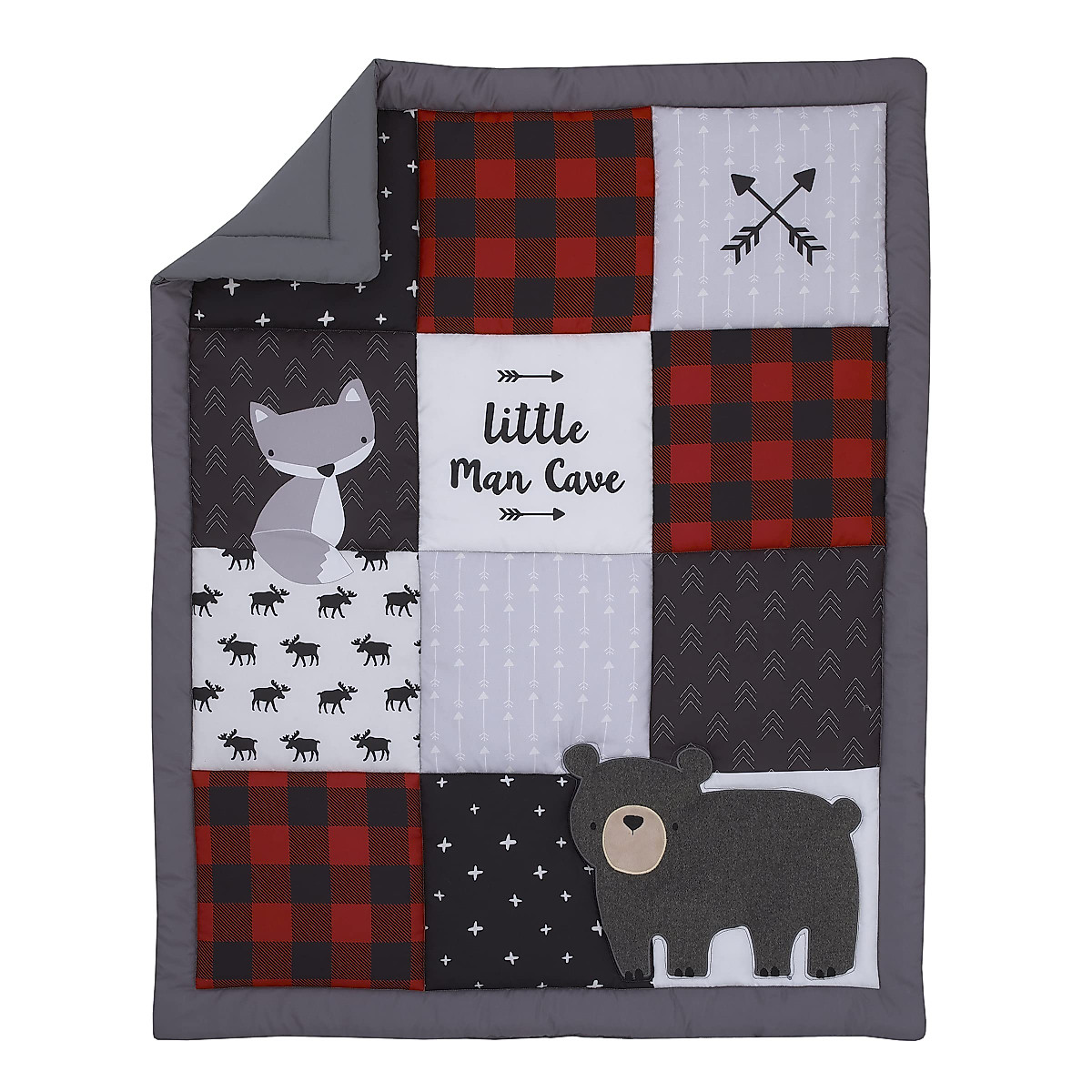 NoJo Little Love Little Man Cave Grey, Red, Black and Ivory, Bear, Fox, Moose, Buffalo Check and Arrows Rustic 3 Piece Nursery Crib Bedding Set - Comforter, Fitted Crib Sheet and Crib Skirt