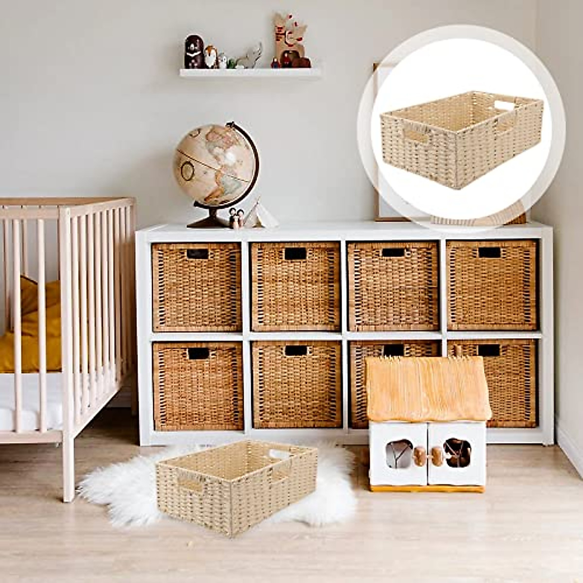 Healifty Rattan Storage Basket Countertop Rectangular Wicker Basket with Handles Book Cosmetic Sundries Holder Hand Woven Basket for Home Office
