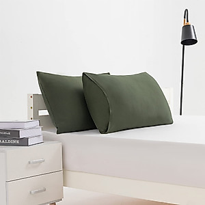 2-Pack Stretch Pillow Cases - Jersey Knit & Envelope Closure Pillowcases with Ultra Soft T-Shirt Like Polyester Blend - Suitable for Queen or Standard Size Set of 2, Dark Olive