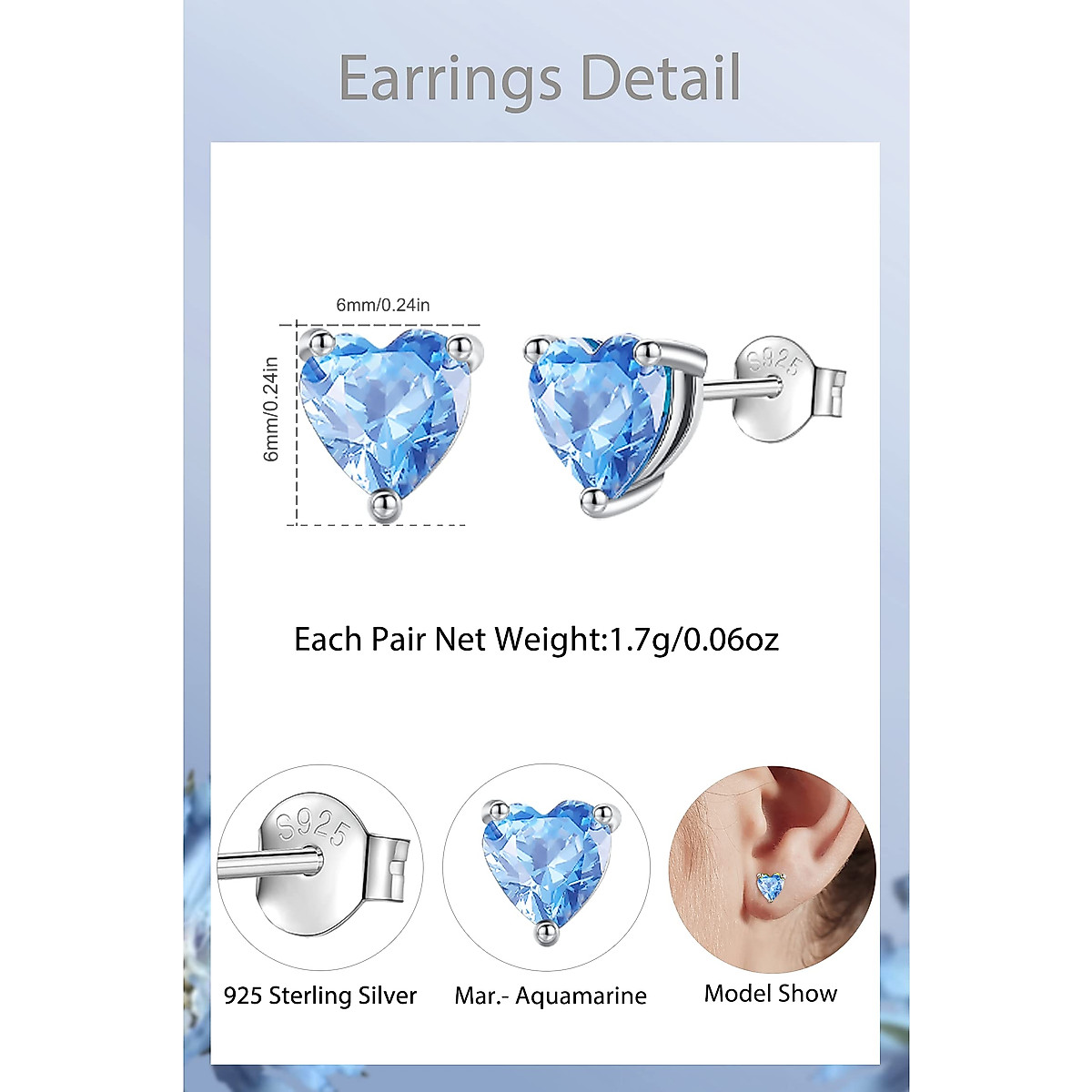 Vito 925 Sterling Silver Birthstone March Stud Earrings for Women, Cubic Zirconia Hypoallergenic Heart Aquamarine Ear Studs Jewelry Gift for Sister Daughter on Birthday