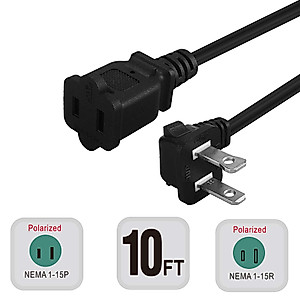 10-Feet (3M) Right Angled Polarized US 2-Prong Male-Female Extension Power Cord Cable, SPT-2 16AWG 2 Outlet Extension Cable Cord 10A/125V,
