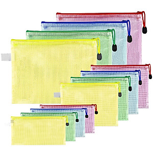12 Pack Document Zipper Pouch Travel File Mesh Bags A4 A5 A6 Size School Office Supplies Colors Plastic Bag for Storage Waterproof Zip Folders Cosmetics Pouches Letter Pencil PVC Organizing for Home