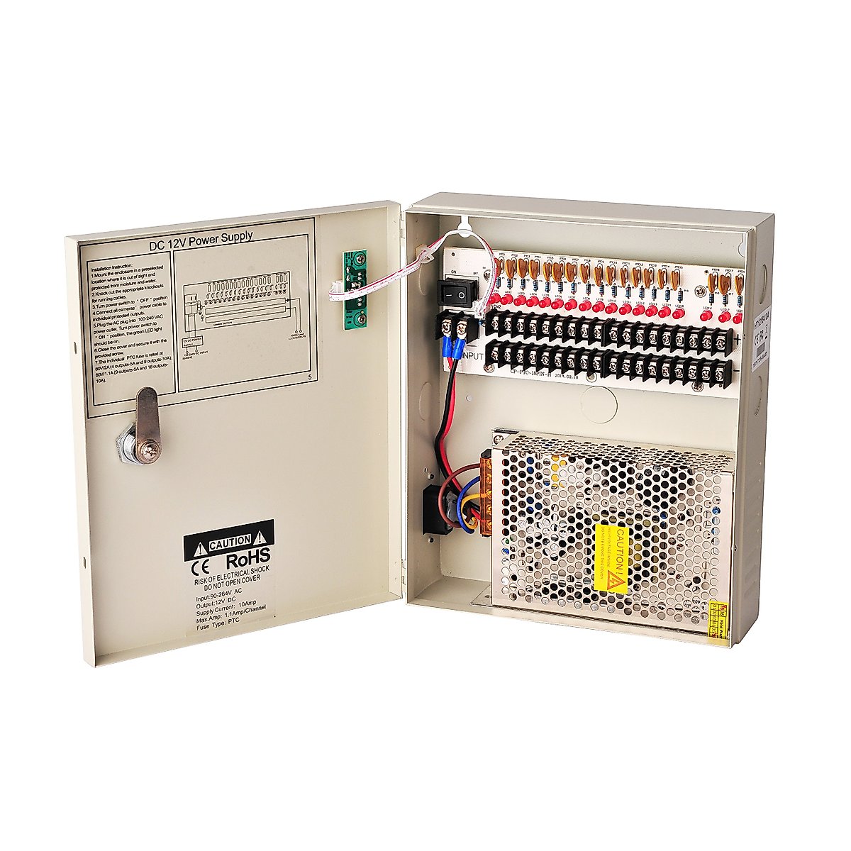 EVERSECU 18 Channel DC12V 10 Amp Reset Fuse CCTV DC Distributed Power Box with AC Plug and Lock for Security Cameras, DVRs, CCTV Power Supply
