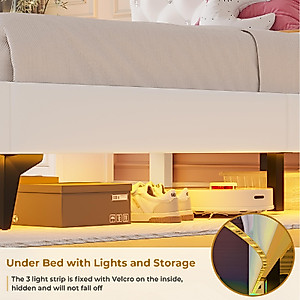 ADORNEVE Twin Bed Frame with RGB LED Lights, Princess Bed Frame with Adjustable Crystal Button Headboard, Velet Upholstered Platform Bed for Girls, Solid Wooden Slats, Easy Assembly, Creamy White
