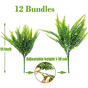 Artificial Plants, 12 Bundles Fake Boston Fern Greenery Outdoor UV Resistant Plastic Flowers Indoor Outside Hanging Planter Home Garden Decor