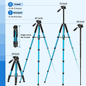 Camera Tripod, 72” Tripod for Camera Stand, Aluminum Heavy Duty Tripod for Video Photo, 5 in 1 Travel Camera Tripod & Monopod Compatible with Canon Nikon Cameras DSLR Camcorder Projector Phone